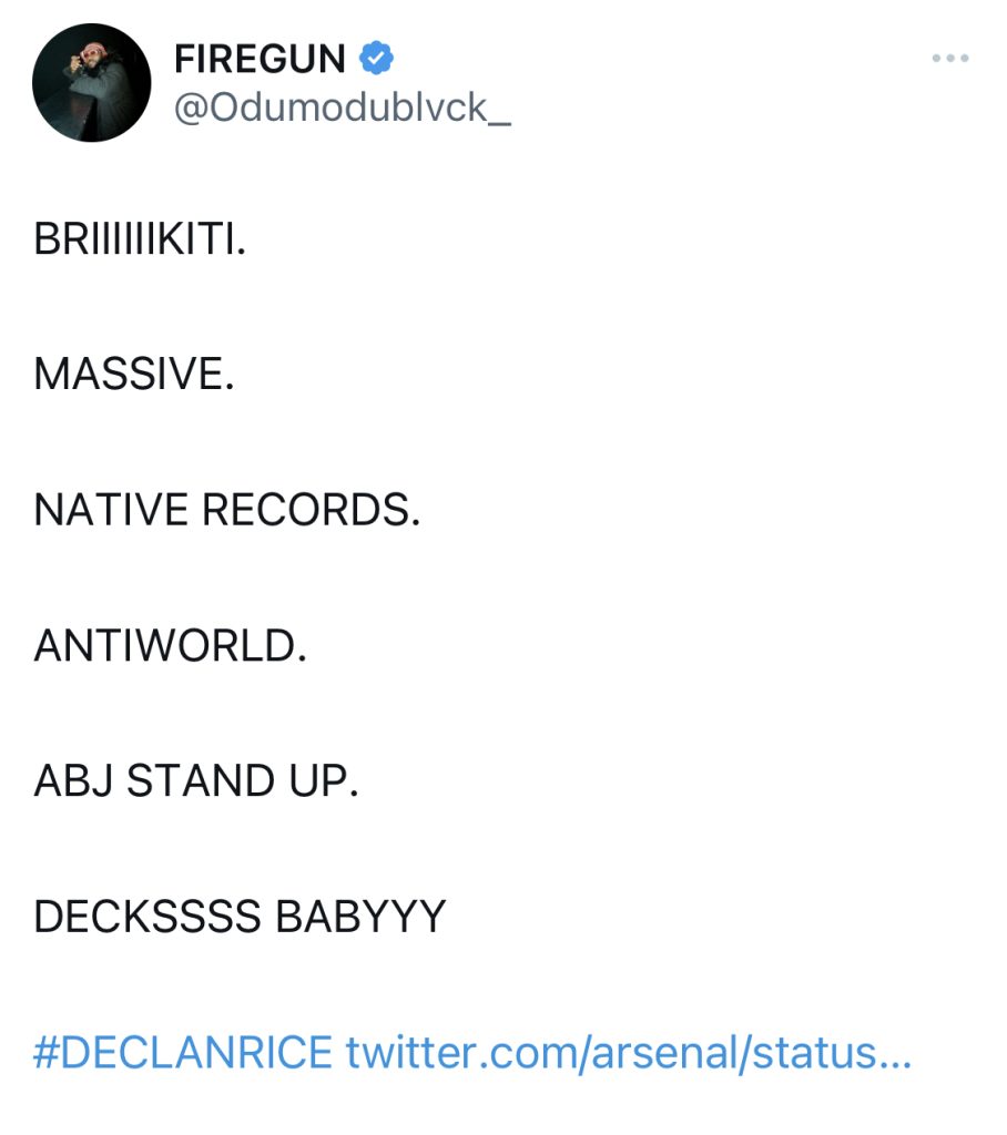 Arsenal Announce record signing of Declan Rice with song by Nigerian ...