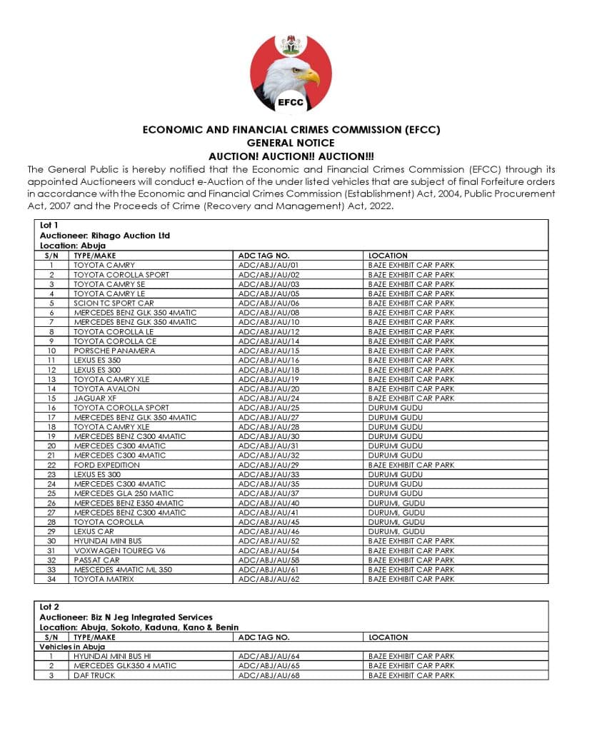 EFCC begins auction of forfeited vehicles