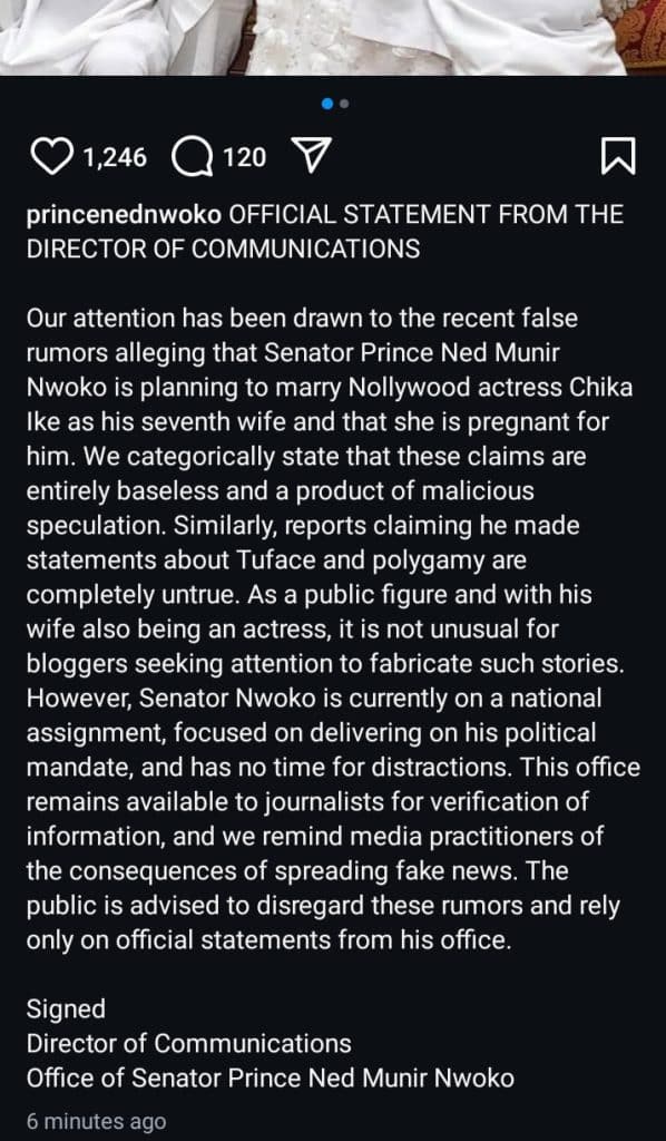 Senator Ned Nwoko Finally Breaks Silence On Alleged Pregnancy With Chika Ike