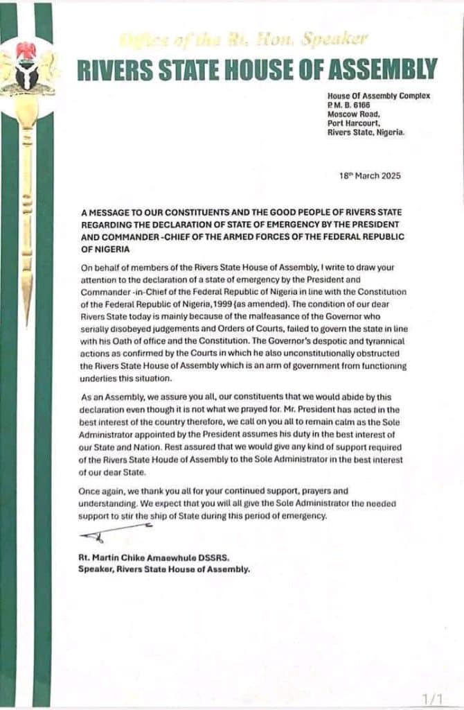 Rivers Assembly sends important message to Tinubu after state of emergency declaration